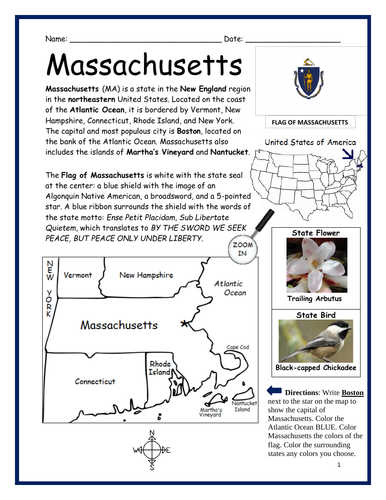 MASSACHUSETTS - Introductory Geography Worksheet | Teaching Resources
