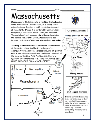 MASSACHUSETTS - Introductory Geography Worksheet | Teaching Resources