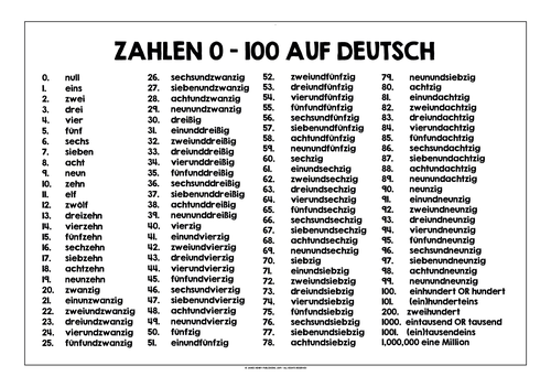 GERMAN NUMBERS 0-100 LIST FREEBIE #2 | Teaching Resources