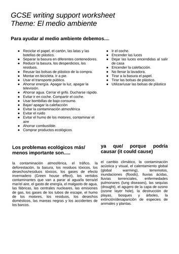 GCSE writing and oral support worksheets El Medio Ambiente | Teaching ...
