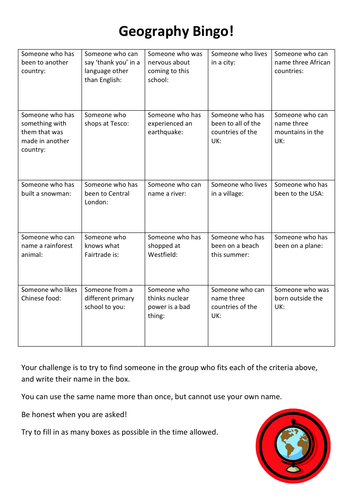 Geography Bingo - ice breaker activity for new classes | Teaching Resources