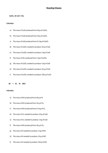 Reacting Masses (Amounts of Substances) Calculations Worksheet ...