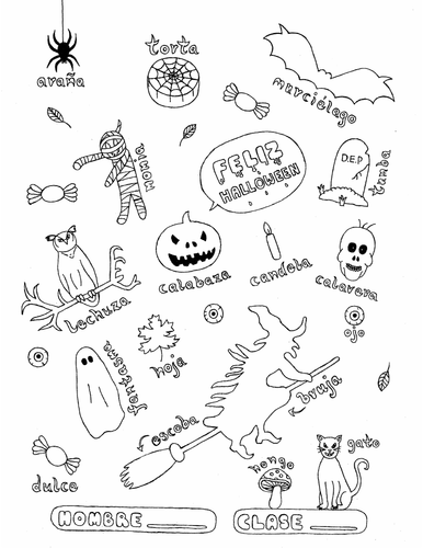 Spanish Halloween color and vocabulary sheet fun no prep worksheet ...