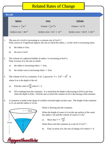 Related Rates Of Change - With answers | Teaching Resources