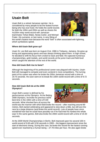 Usain Bolt - Whole Class Reading Session! | Teaching Resources
