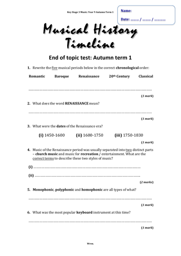 KS3 MUSIC WORKBOOK: "MUSICAL HISTORY TIMELINE" [AN INTRODUCTION] SoW ...