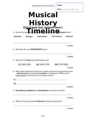 KS3 MUSIC WORKBOOK: "MUSICAL HISTORY TIMELINE" [AN INTRODUCTION] SoW ...