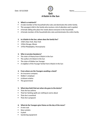A Raisin in the Sun - Class Quizzes | Teaching Resources