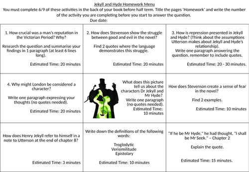 Jekyll and Hyde Homework Menu | Teaching Resources