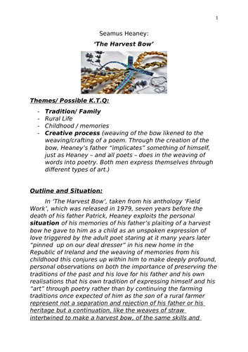 CCEA AS1 English Literature Seamus Heaney The Harvest Bow Detailed Poem ...