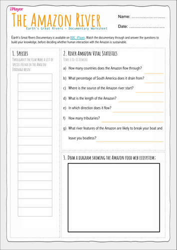 Amazon River Worksheet- Earth's Great Rivers Documentary - Homework ...