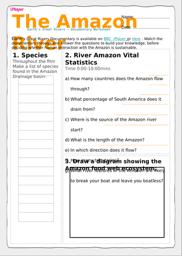 Amazon River Worksheet- Earth's Great Rivers Documentary - Homework ...
