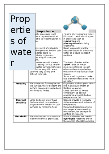 Properties of water A level Biology | Teaching Resources