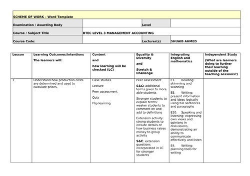 Complete Scheme of Work on Management Accounting at Level 3 | Teaching ...
