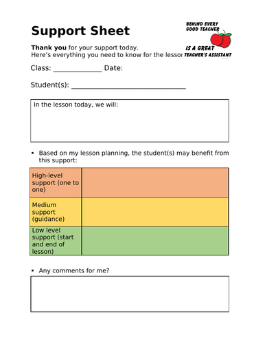 Support Sheet to aid Teaching Assistants | Teaching Resources