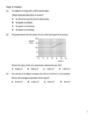 MOTION (IGCSE 0625 CLASSIFIED WORKSHEET WITH ANSWERS) | Teaching Resources