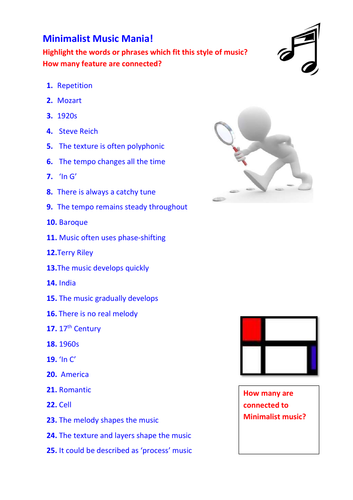 Spot the Stylistic Features - Minimalist Music Mania! | Teaching Resources