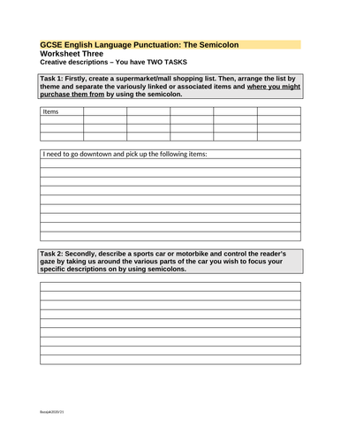 GCSE English Language Punctuation - The Semicolon | Teaching Resources