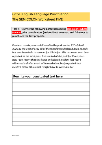 GCSE English Language Punctuation - The Semicolon | Teaching Resources