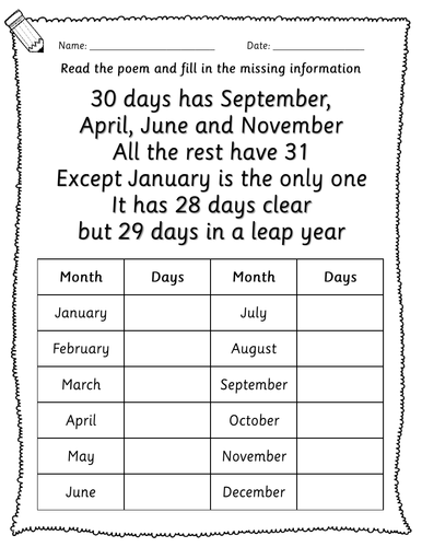 Year 3 days in each month poem / seasons /days of the week / ordering ...