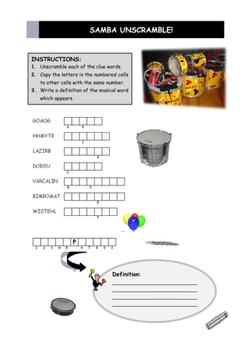Samba Unscramble! (samba music keywords) | Teaching Resources
