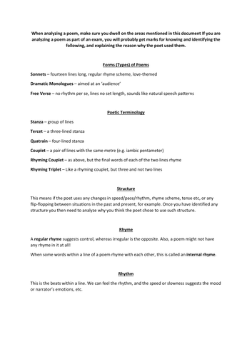 KS3/4/5 Poetry Analysis Information Sheet | Teaching Resources