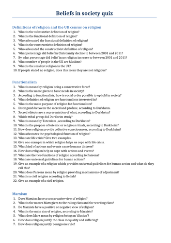 247 A Level Sociology Beliefs in Society Quiz questions | Teaching ...