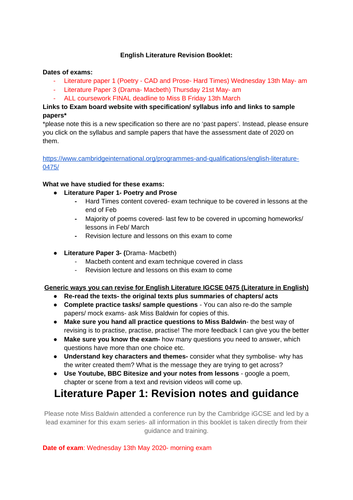 CIE iGCSE English Literature (0475) Revision Booklet | Teaching Resources