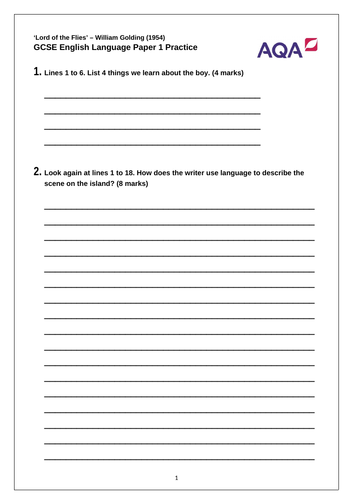 'Lord of the Flies' English Language Paper 1 (AQA style) GCSE practice ...