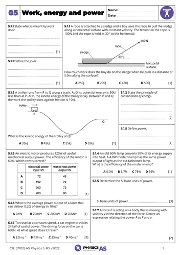 AS Physics 9702 - Revision Sheet - 05. Work, energy and power ...