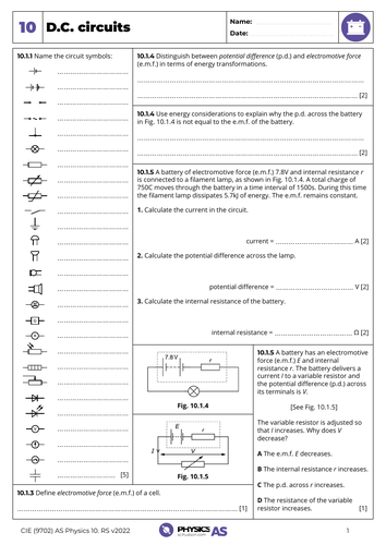 AS Physics 9702 - Revision Sheet - 10. D.C. circuits | Teaching Resources