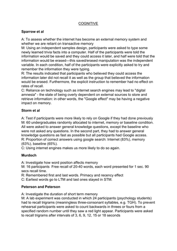 IB Psychology KEY STUDY Summaries | Teaching Resources