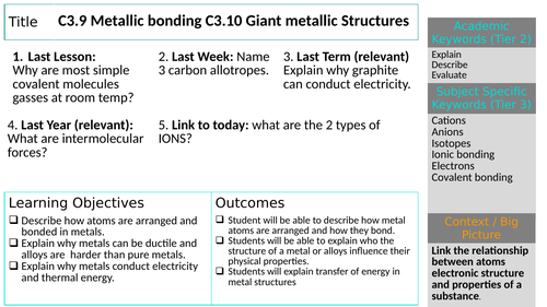 KS4 GCSE Metallic bonding and giant metallic structures | Teaching ...