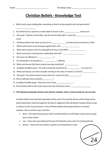GCSE Christian Beliefs - Knowledge Organiser, Test sheet & Marking PPT ...