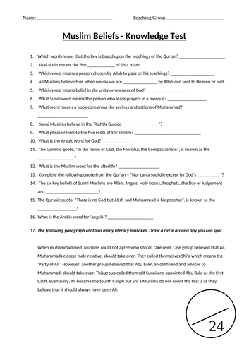 GCSE Muslim Beliefs - Knowlege Organiser, Test sheet and Marking PPT ...