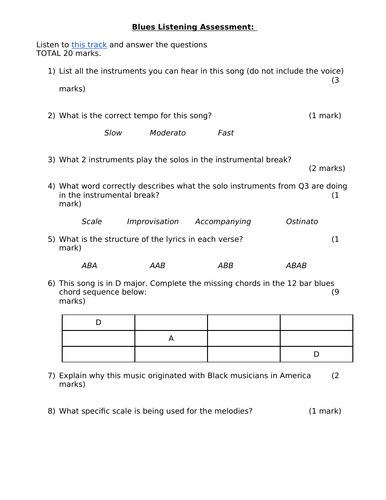 Blues Listening questions | Teaching Resources