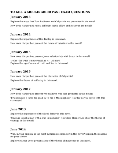 To Kill a Mockingbird Past Exam Questions | Teaching Resources