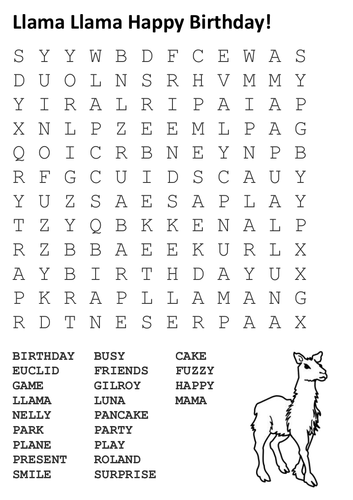 Llama Llama Happy Birthday Word Search | Teaching Resources