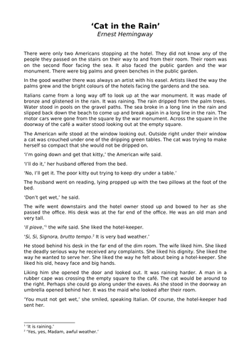 Cat in the Rain: Ernest Hemingway | Teaching Resources