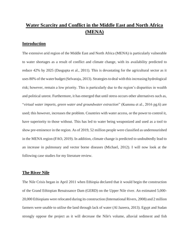Water Scarcity and Conflict in the Middle East and North Africa (MENA ...