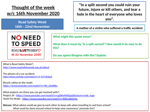2020 Thought of the week 'Road safety week' | Teaching Resources