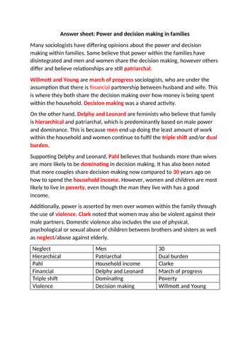 GCSE Sociology: Families - L7. Power and Relationships | Teaching Resources