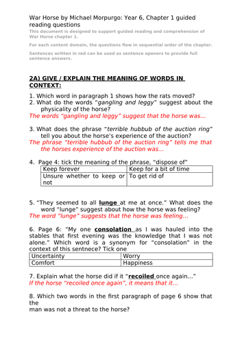 War Horse Chapter 1 Guided Reading Qs | Teaching Resources