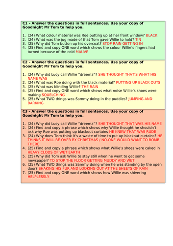 Year 5/6 Goodnight Mr Tom ch.2 reading comprehension pages 24-25 ...