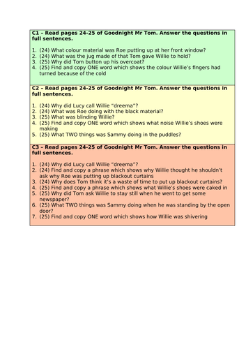 Year 5/6 Goodnight Mr Tom ch.2 reading comprehension pages 24-25 ...