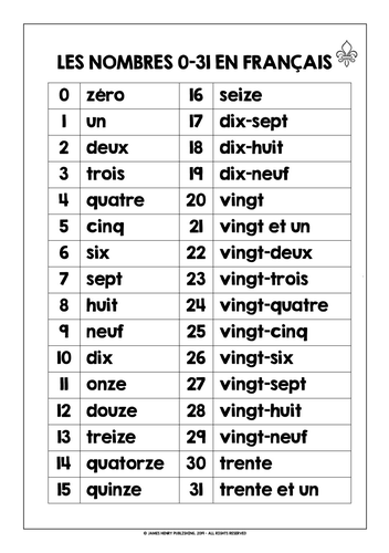 FRENCH NUMBERS 0-31 LIST FREEBIE | Teaching Resources