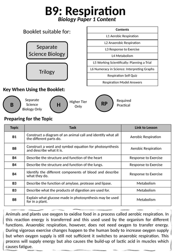 B9 Respiration Work Booklet and Answers | Teaching Resources
