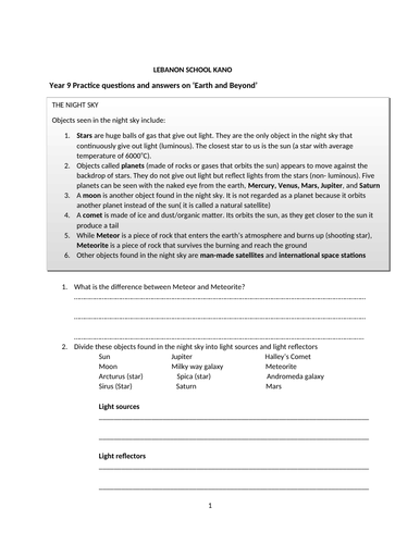 Earth and Beyond worksheet with answers | Teaching Resources