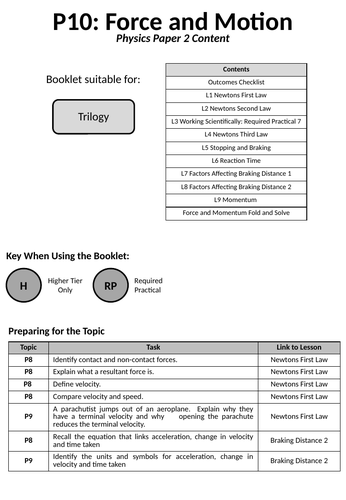 P10 Force and Motion Work Booklet and Answers | Teaching Resources