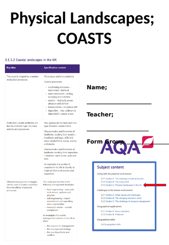 AQA Physical Landscapes; COASTS (Ppt lessons and accompanying student booklet) | Teaching Resources